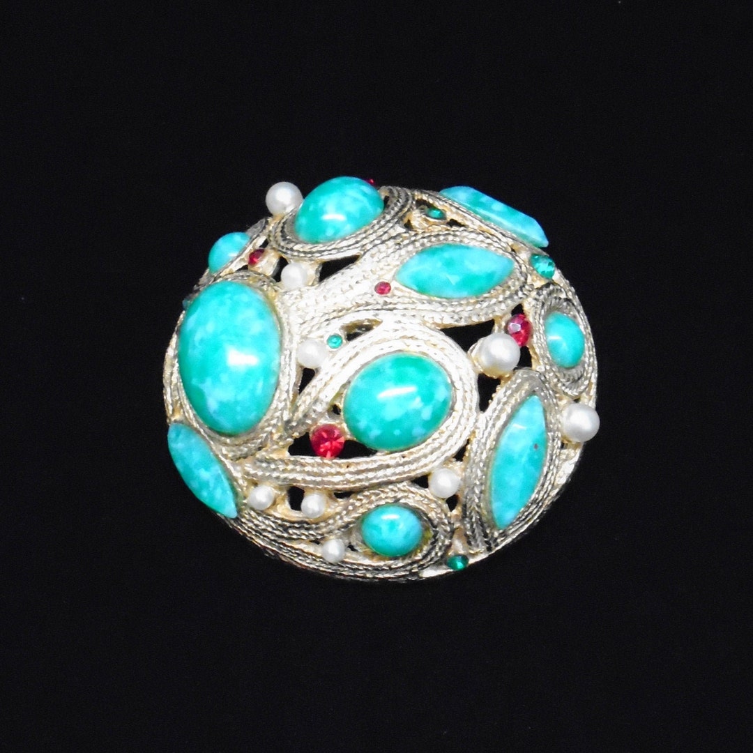 Vintage Faux Turquoise, Pearls, Emerald & Ruby Brooch/pendant, Circa ...