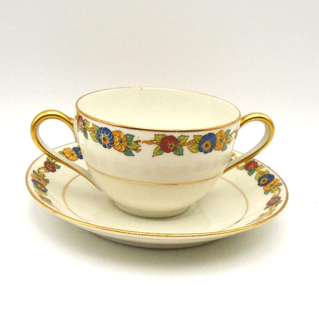 Vintage Jean Boyer Limoges Bouillon Bowl & Saucer: Floral Gold Trim ...