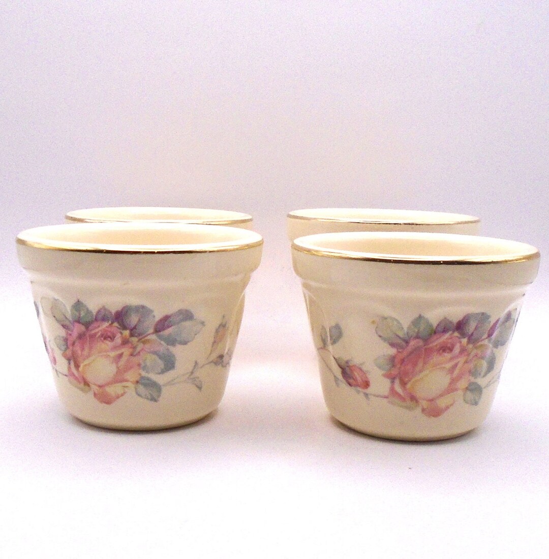 Vintage Universal Cambridge Custard Cups: Floral Ramekins, 22K Gold ...