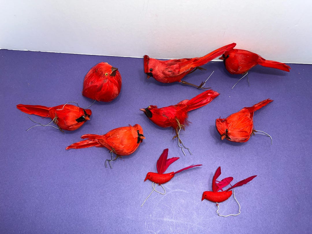 9 Vintage Spun Cotton Cardinal Bird Ornaments, Red Branch Wrap Birds ...