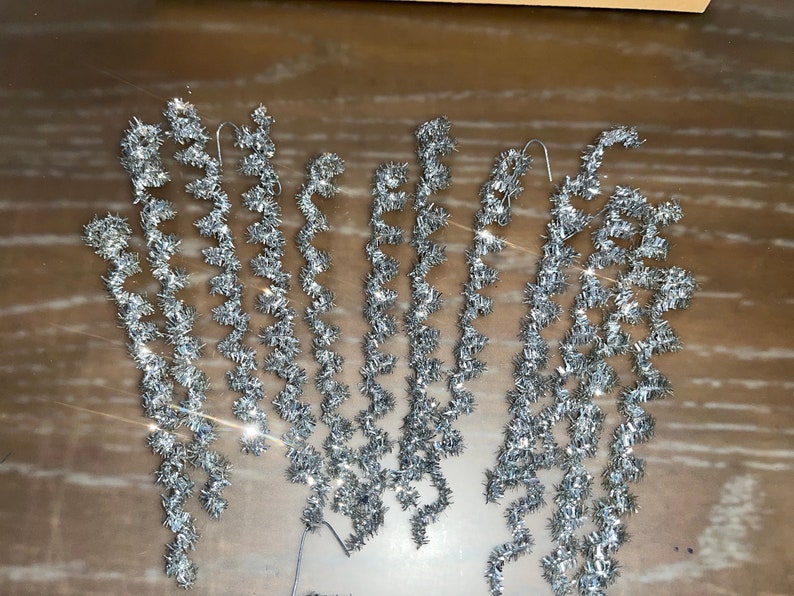 24 Vintage Tinsel Icicles, Spiral Tinsel Icicles, Silver Twisted Tinsel ...