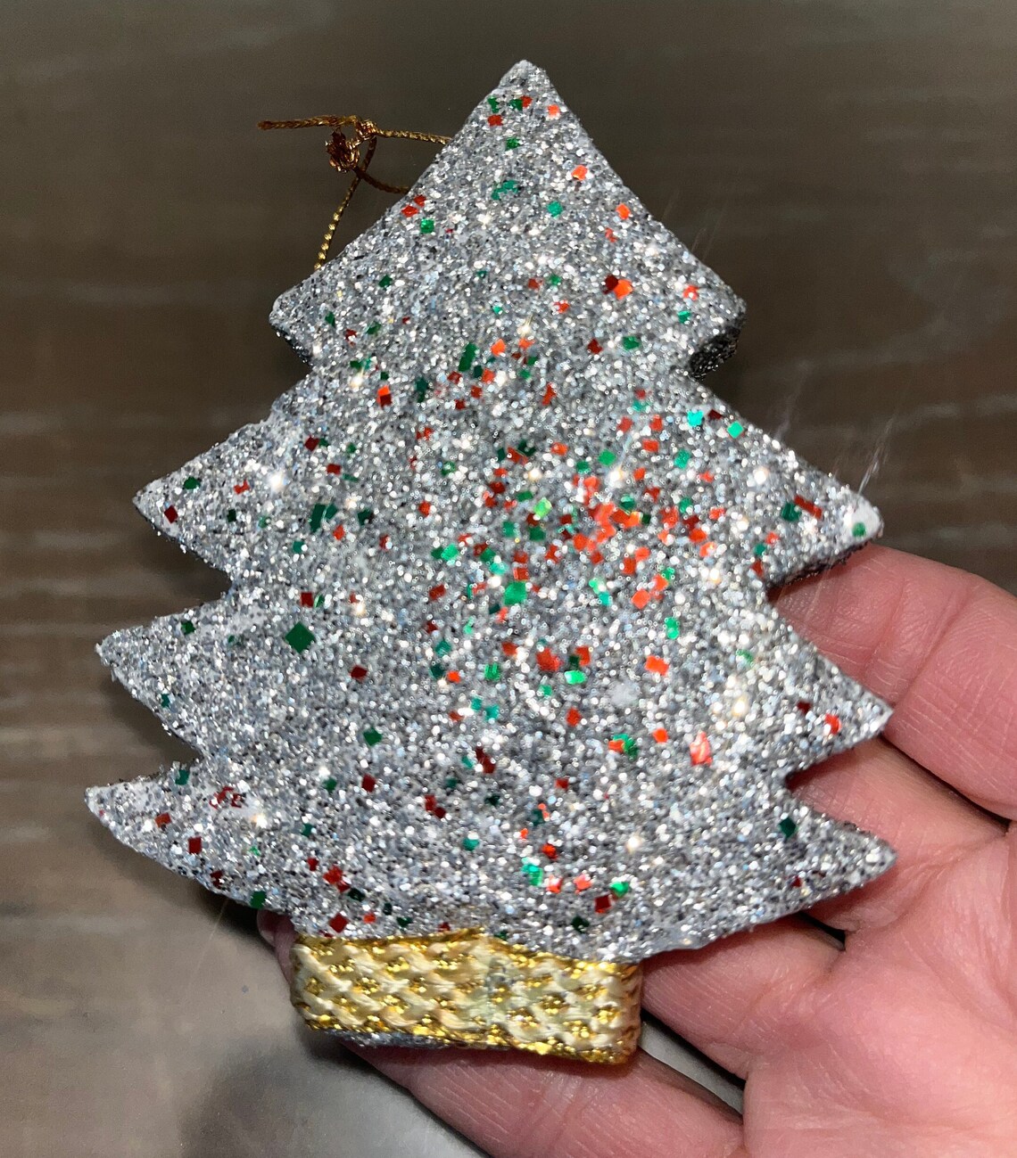 Vintage Chunky Silver Glittered Tree Ornament, Christmas Tree Rainbow ...