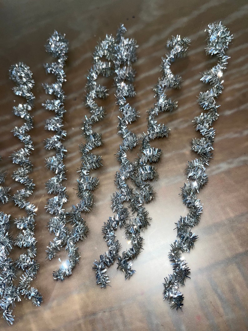 24 Vintage Tinsel Icicles, Spiral Tinsel Icicles, Silver Twisted Tinsel ...