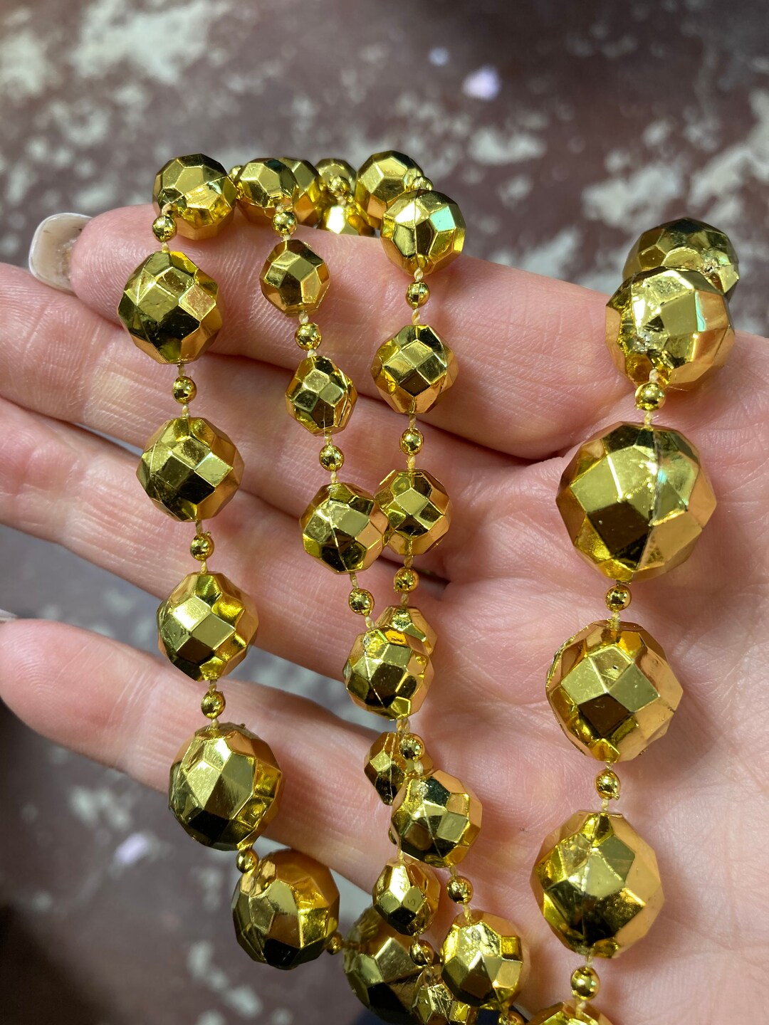 18' Vintage Gold Bead Garland, Gold Faceted Bead Garland, Disco Bead ...