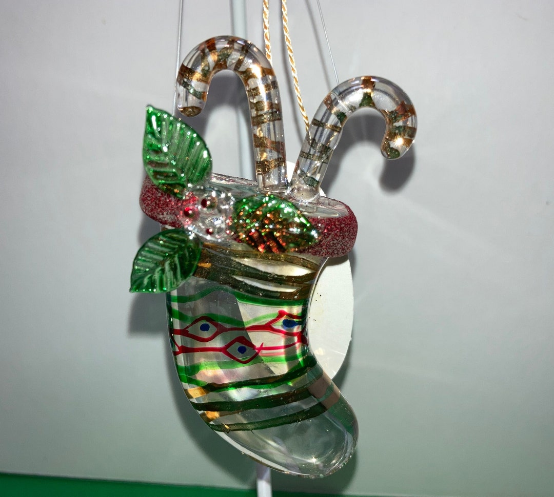 Studio Art Glass Candy Cane Ornament, Art Glass Striped Stocking ...