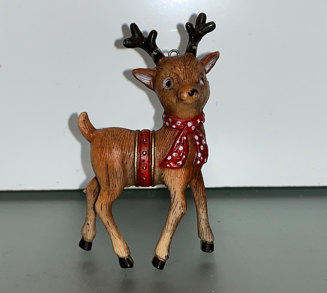 Vintage Christmas Reindeer Ornament, Brown Resin Reindeer Red Bow ...