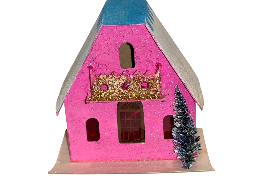 Vintage Pink Putz House, Pink Cardboard Mica Glitter House, Christmas ...