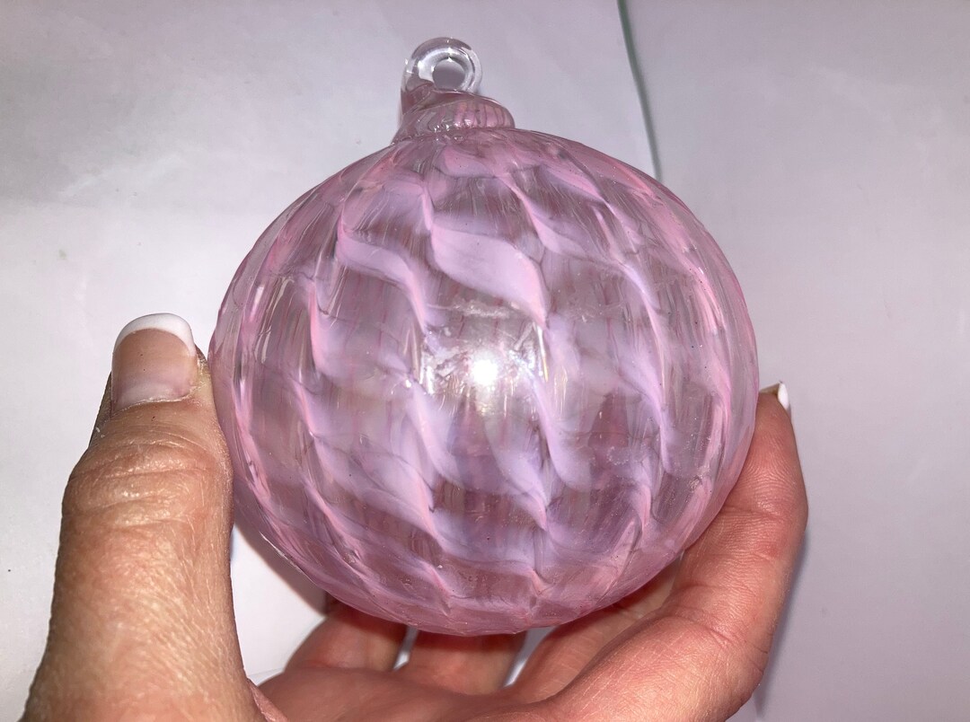 Studio Art Pink Glass Ornament, Handmade Art Glass Pink Ribbon Ornament ...