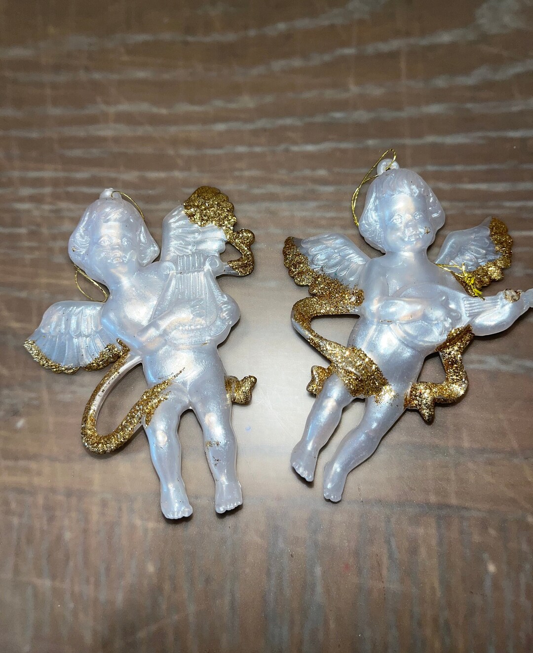 2 Vintage Pearl White Angel Ornaments, White Pearl Glittered Angel ...
