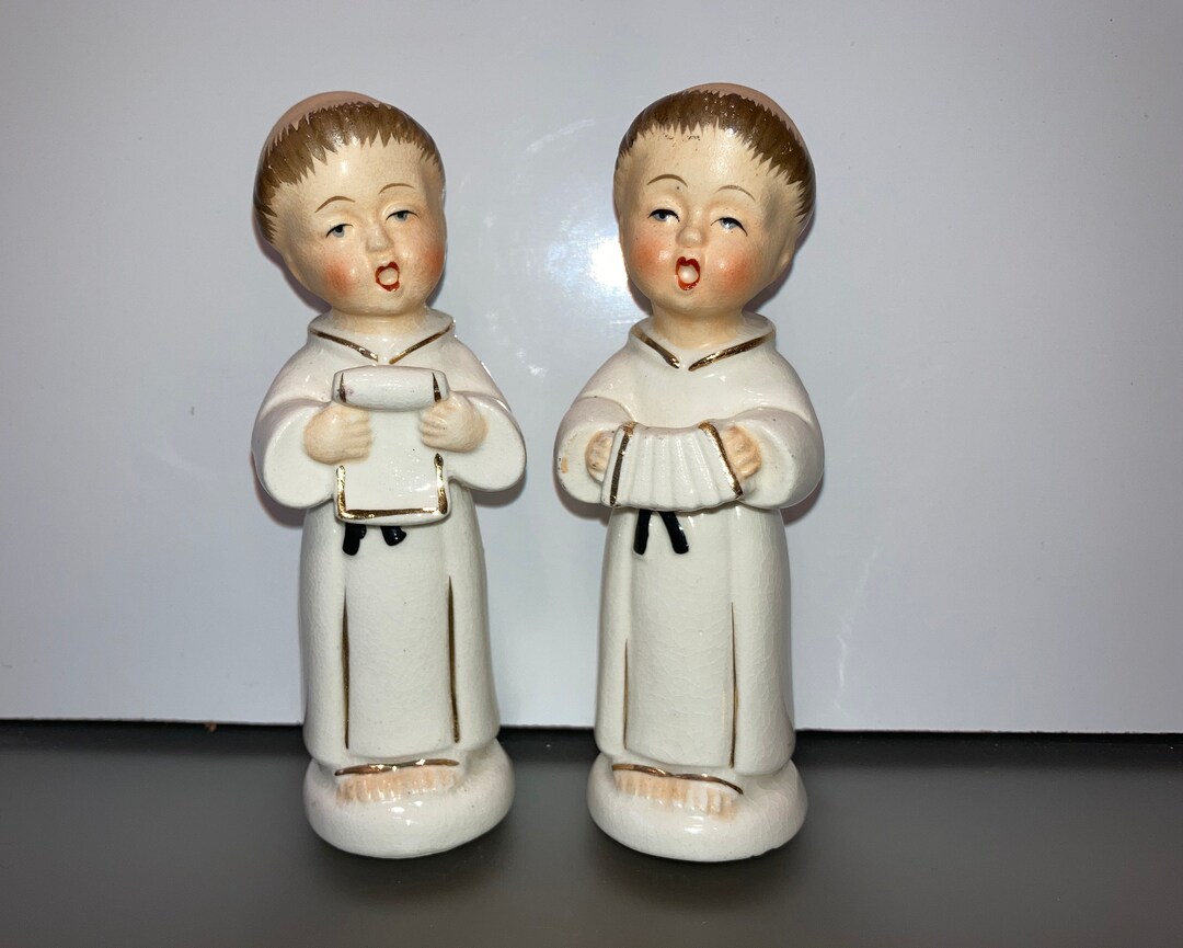 Pair of Vintage Singing Monks, Musical Monk Figures Japan, Porcelain ...