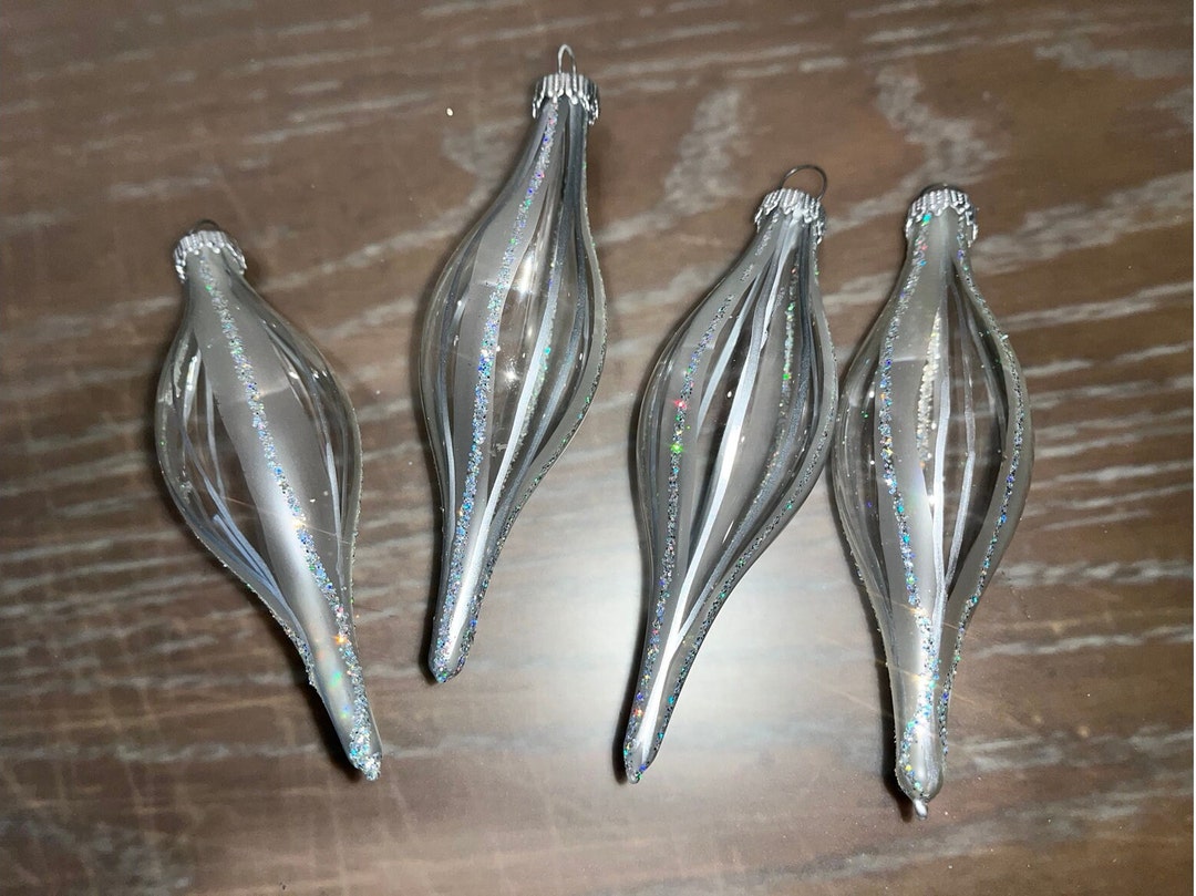 4 Vintage Glass Icicles, Clear Silver Glittered Icicles, Striped ...
