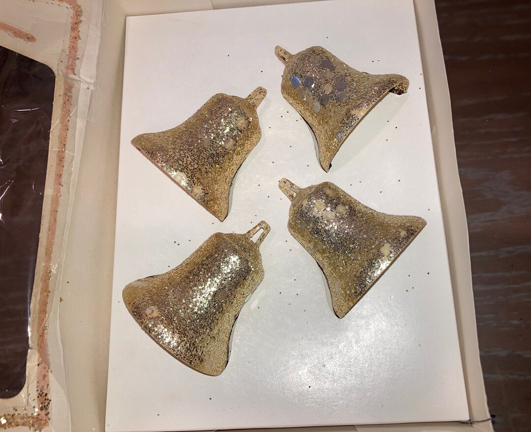4 Vintage Gold Glittered Bells, Bradford Gold Glittered Bell Ornaments ...