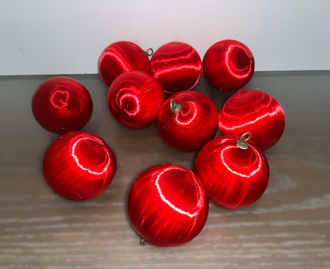 11 Vintage Satin Sheen Ornaments, Red Silk String Ornaments, Red Satin ...