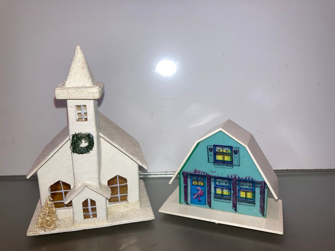2 Vintage Putz Houses, Plastic Putz Church, Putz Church Light Cover ...