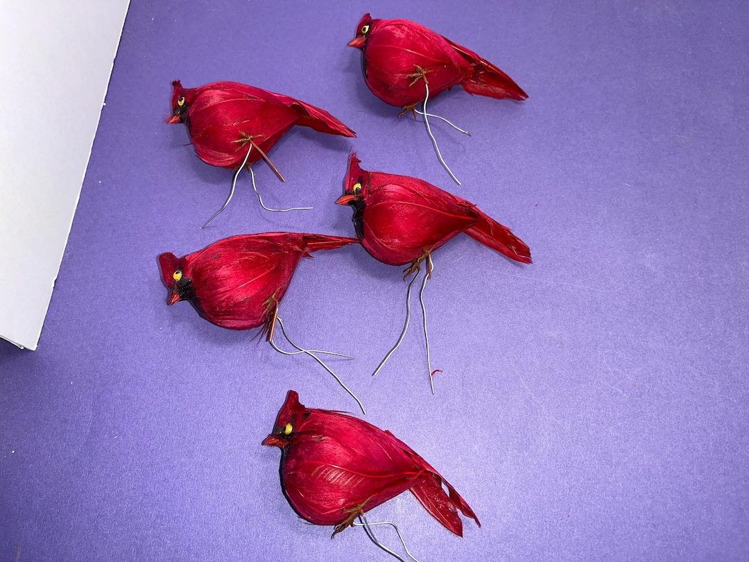 5 Vintage Spun Cotton Fat Cardinal Bird Ornaments, Red Feather Branch ...