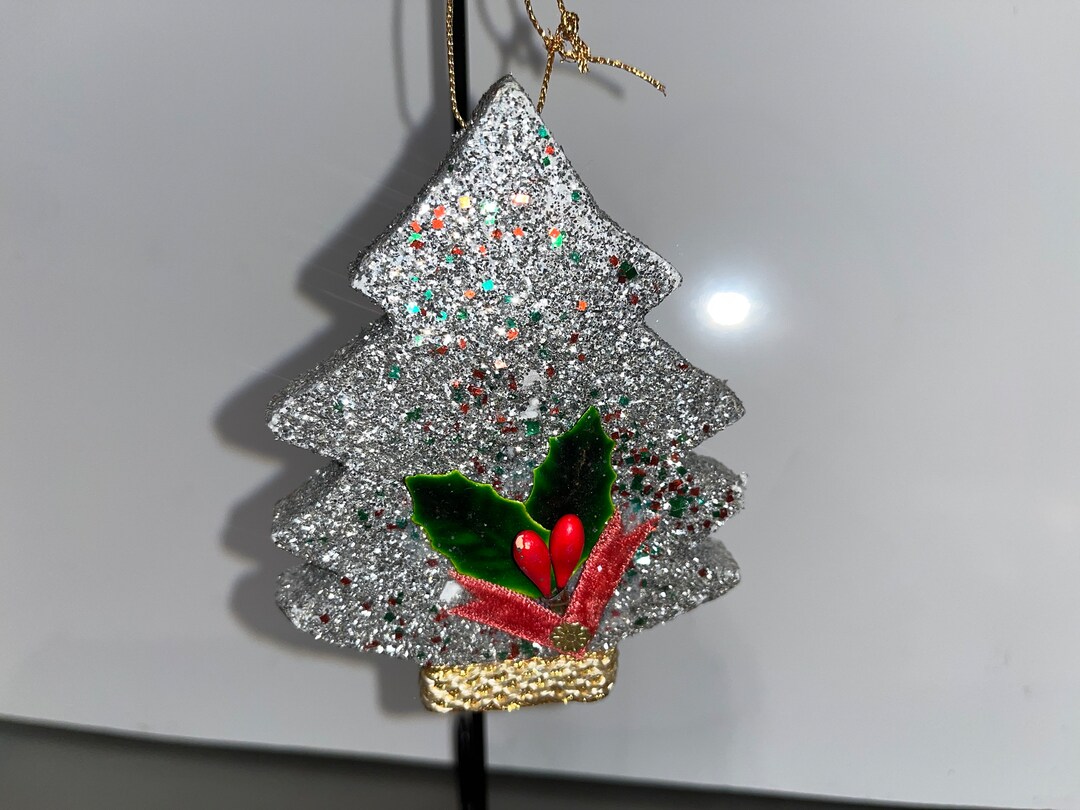 Vintage Chunky Silver Glittered Tree Ornament, Christmas Tree Rainbow ...