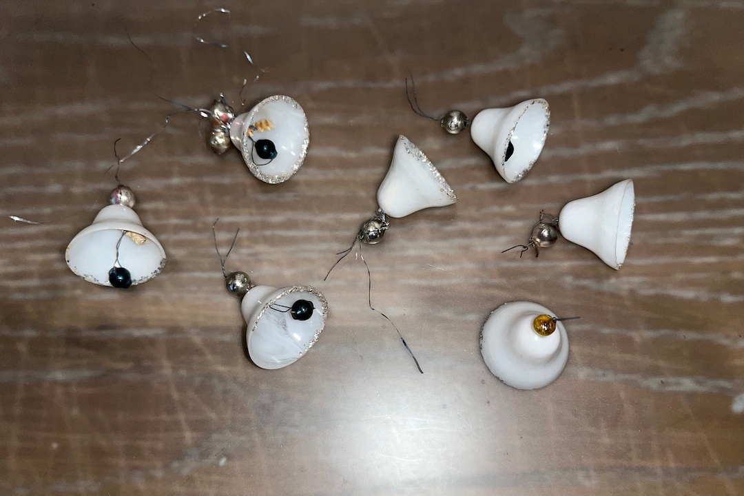 7 Antique Mercury Bells, 1" White Plastic Bells, Mercury Glass Bead ...
