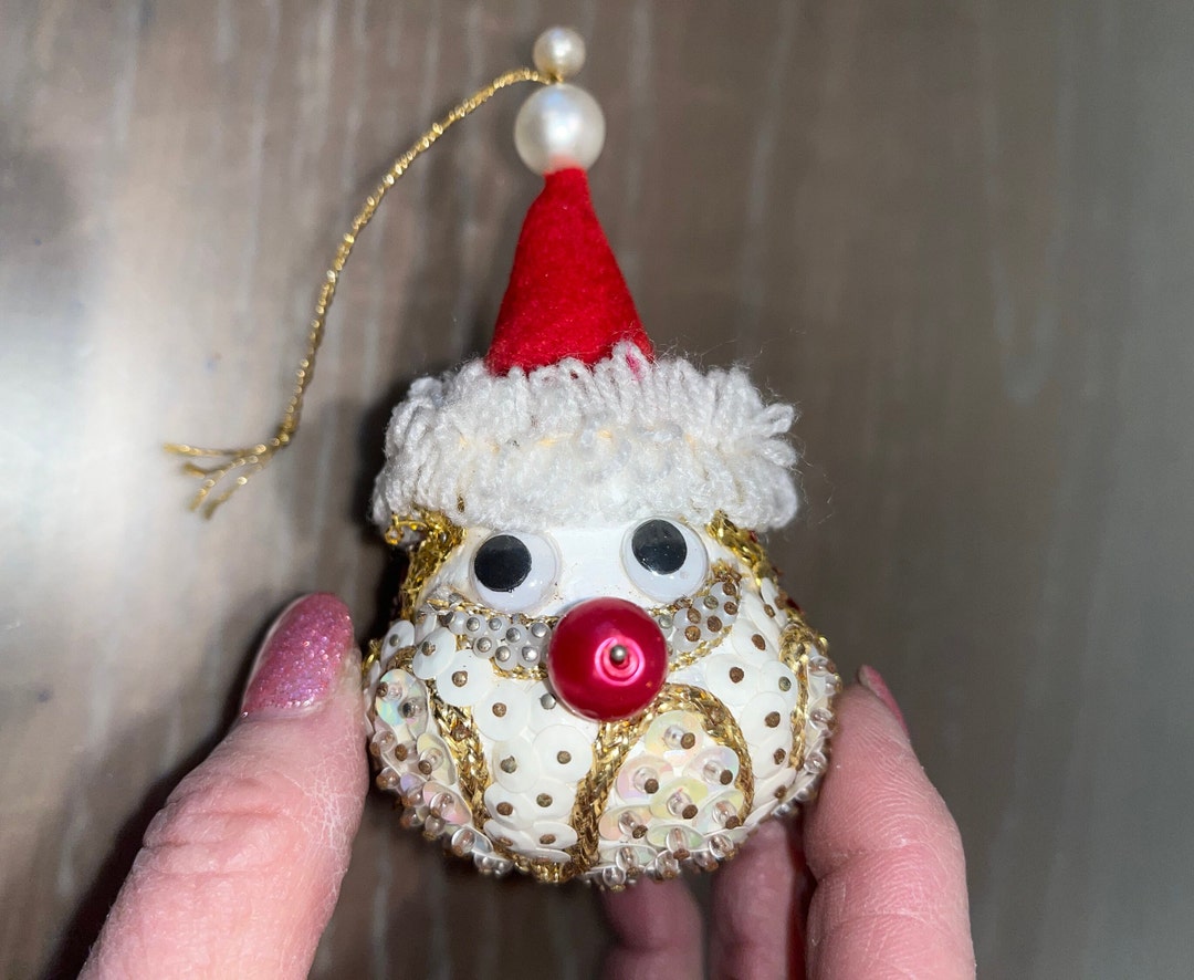 Santa Christmas Sequin Ornaments, Vintage Sequin Santa Head, Felt Cap ...