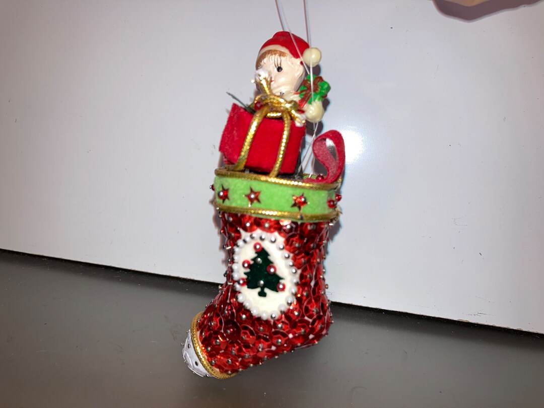 Vintage Sequin Santa Boot, Handmade Red Sequin Santa Boot, Boot With ...