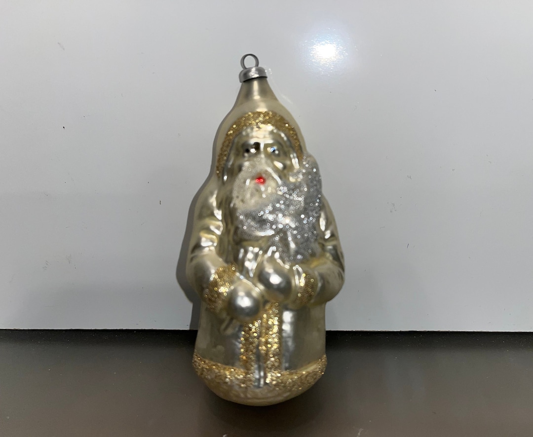 Vintage Glass Santa Ornament, German Blown Glass Silver Gold Santa ...
