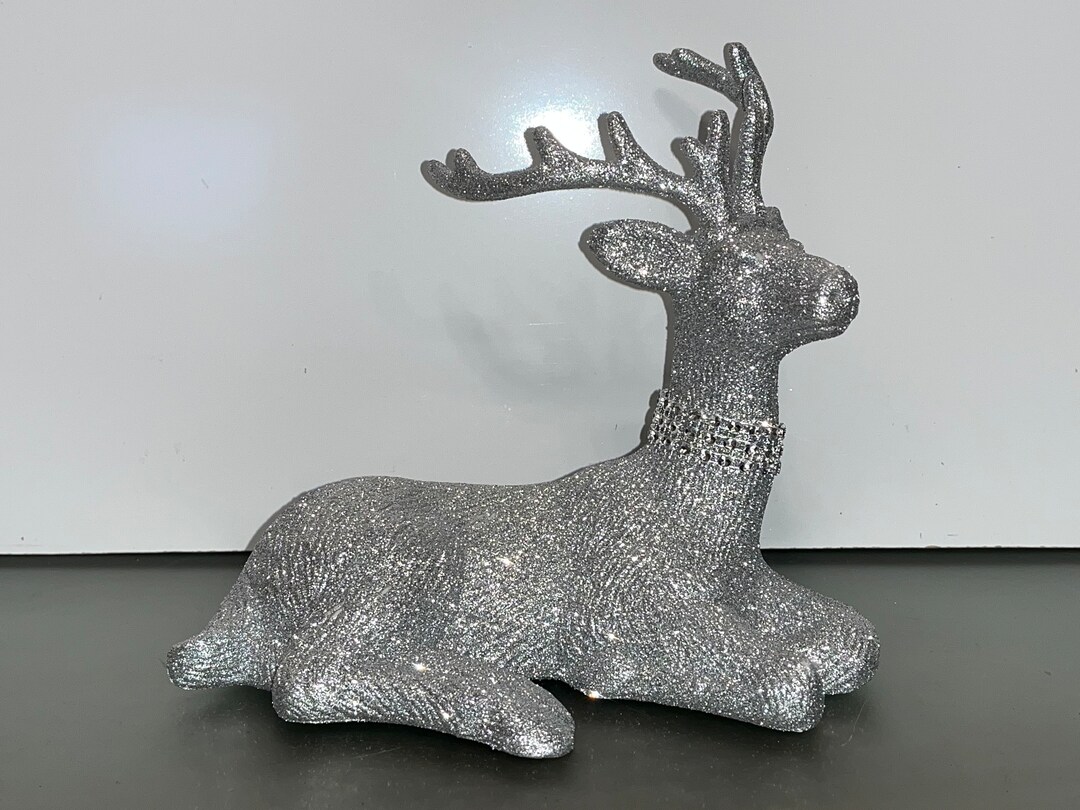 Silver Glittered Reindeer, Large Silver Reindeer Figure, Silver Glitter ...
