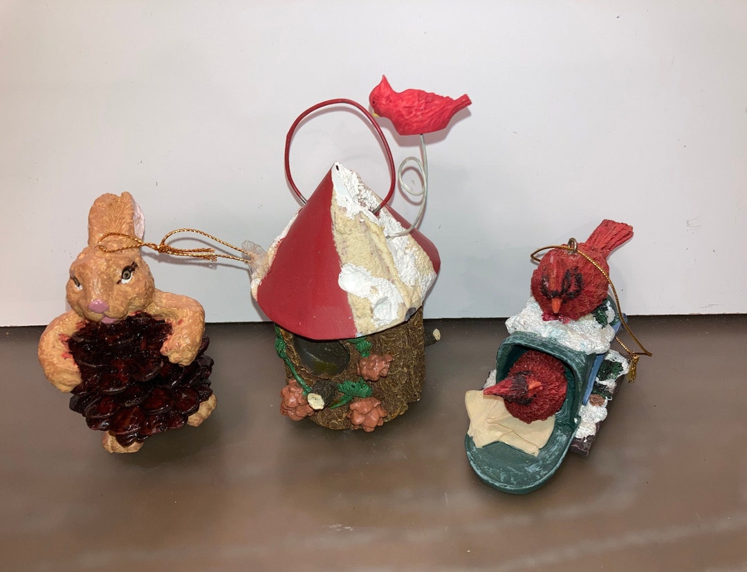 3 Vintage Red Cardinal Ornament, Pine Cone Bunny Ornament, Red Bird ...
