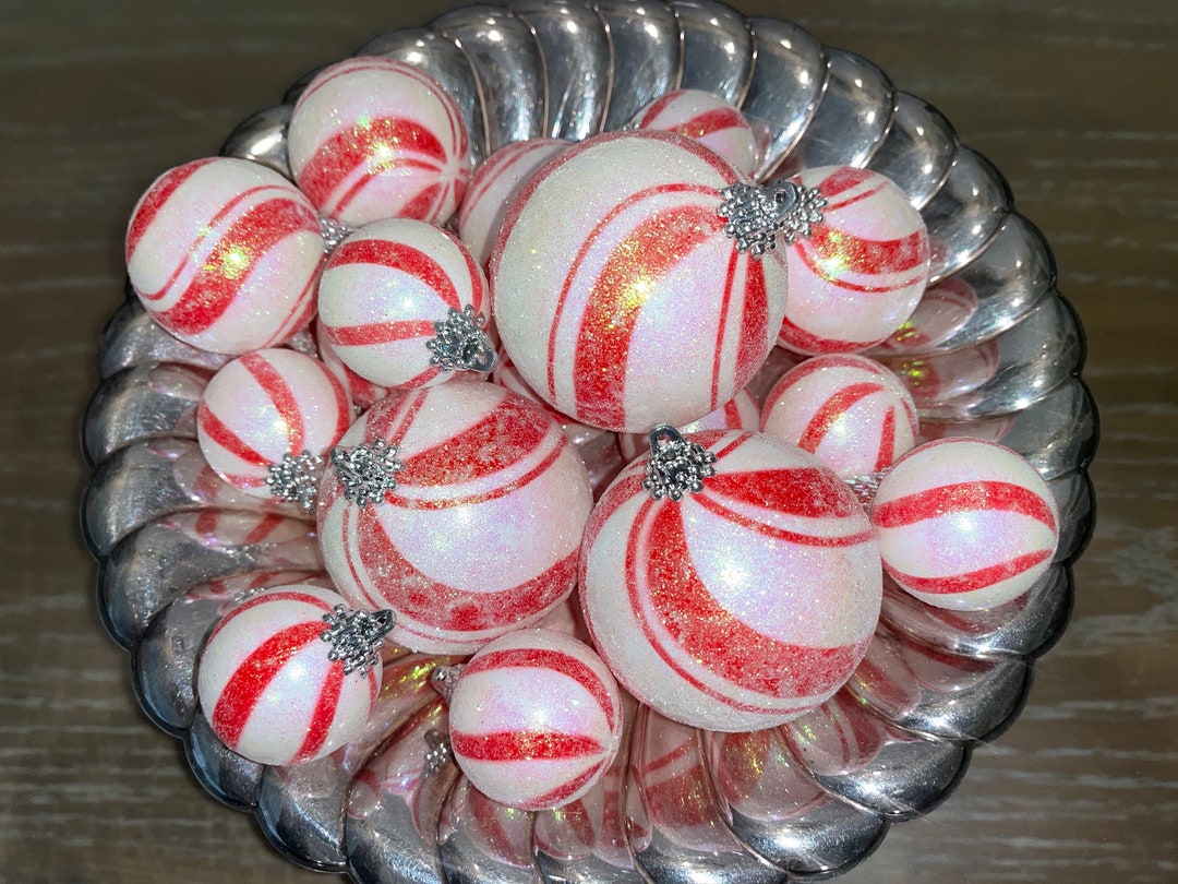 17 Vintage Candy Cane Ornaments, Red White Ornament Balls, Frosted ...