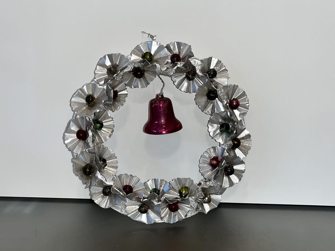 Vintage Tin Wreath, Tin Flowers With Mercury Bead Wreath, Silver Tin ...