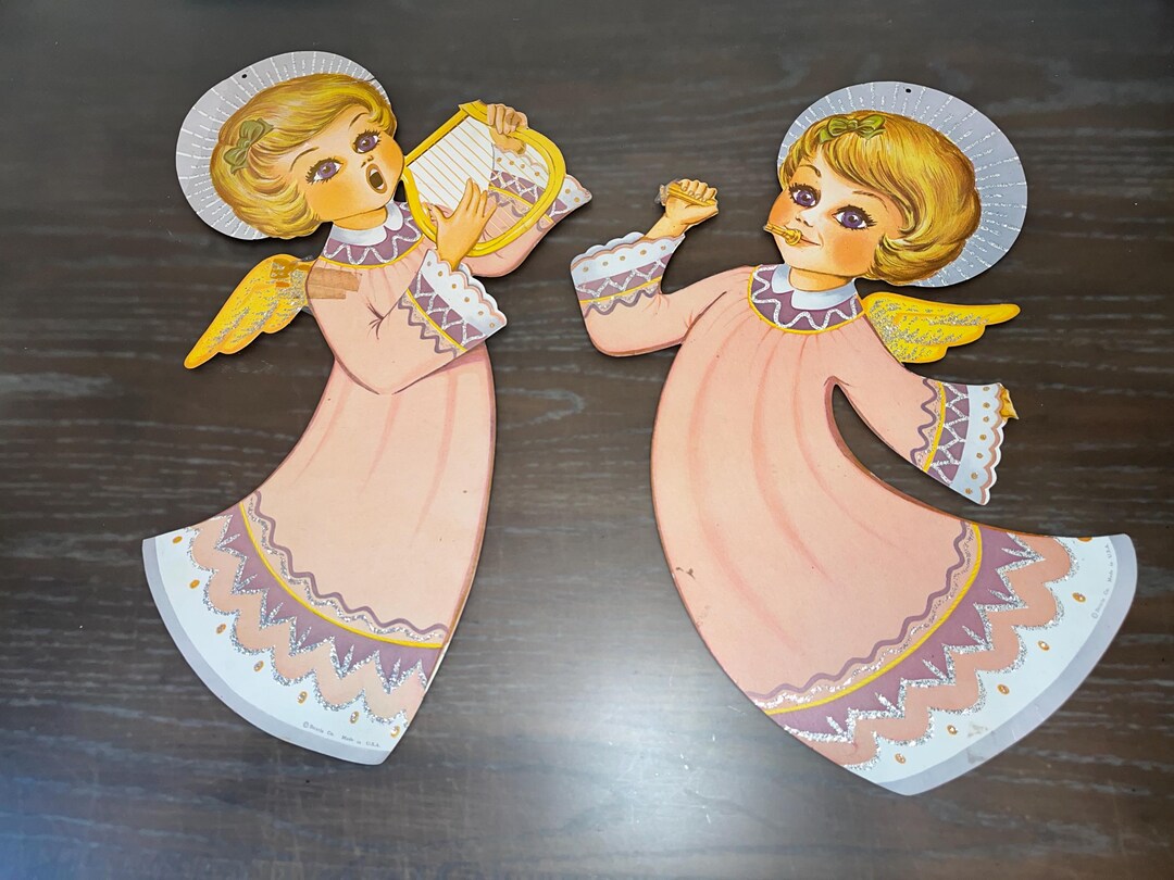 Pair of Mid Century Die Cut Angels, 16" Vintage Pink Cardboard Angels ...