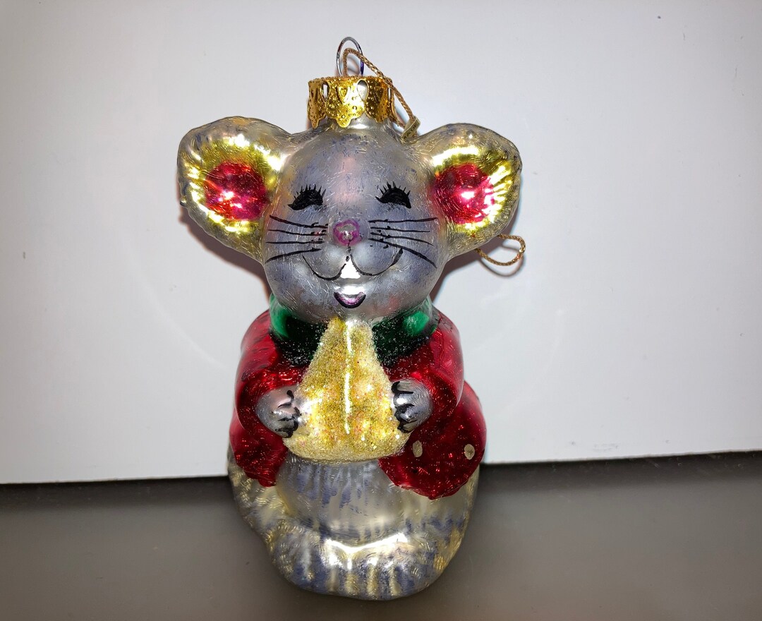 Christmas Mouse Ornament, Gray Mouse With Cheese Ornament, Painted ...