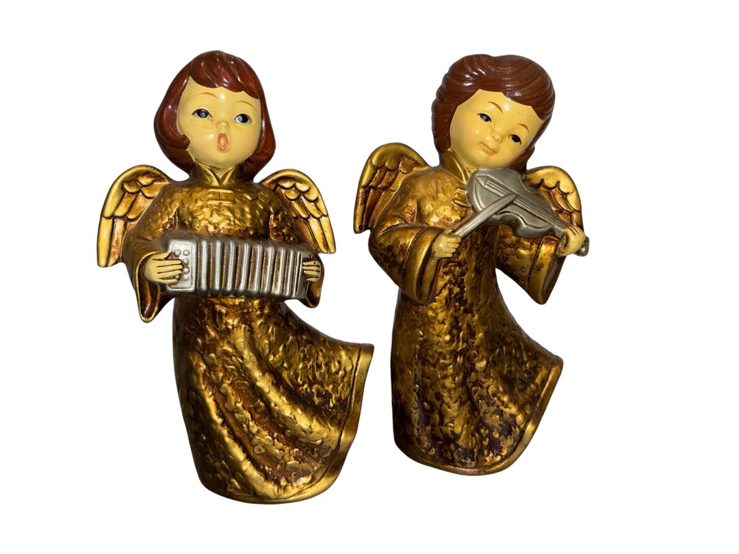 2 Vintage Japan Musical Angels, Paper Mache Angels, Gold Dickson Angel ...