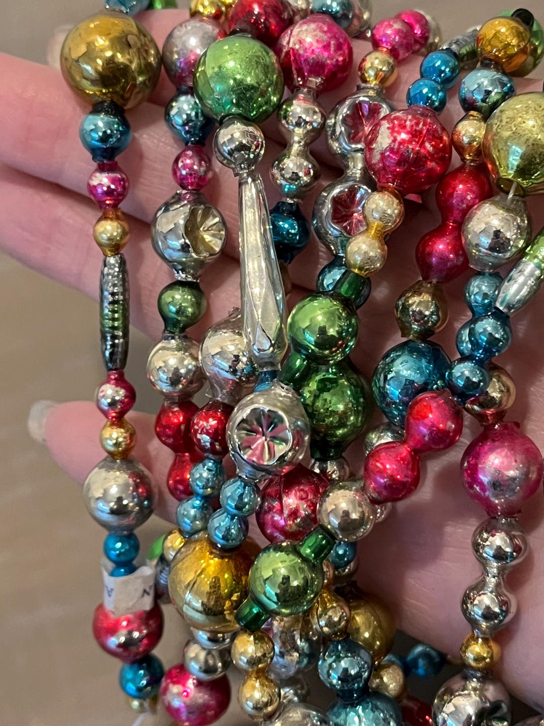 Vintage 116 Mercury Glass Bead Garland, Multi Colored Fancy Mercury ...