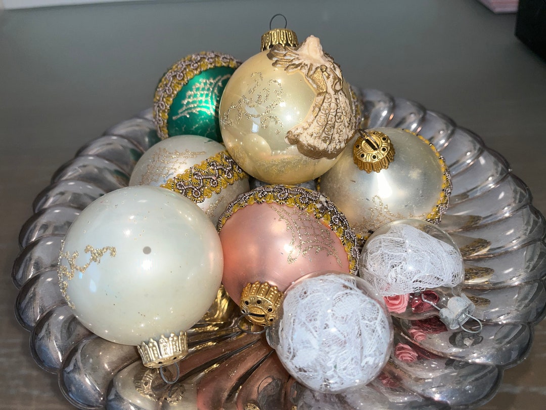 10 Vintage West German Ornaments, Victorian Lace Trim Balls, Gold ...