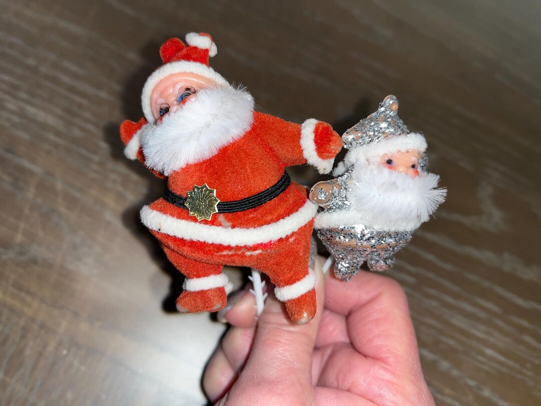 2 Vintage Flocked Santa Pick, Red Flocked Santa, Chunky Silver Glitter ...