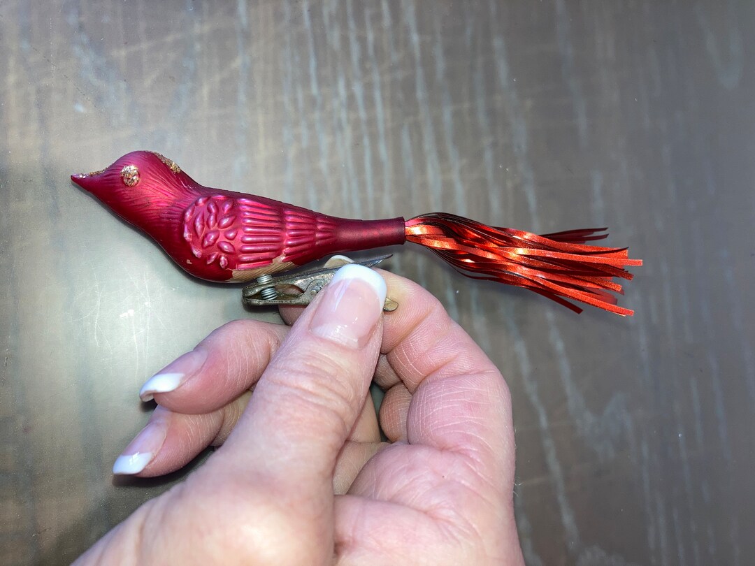 Vintage Red Clip on Bird Ornament, Satin Red Clip on Bird, Red Clip on ...