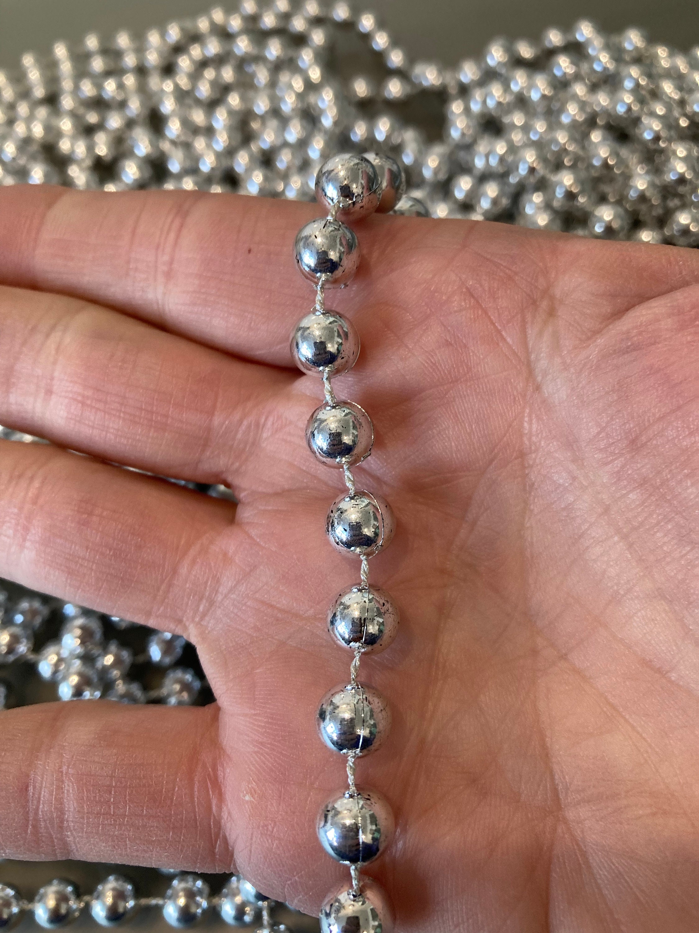 18' Vintage Silver Bead Garland, Silver Round Bead Garland, Christmas ...