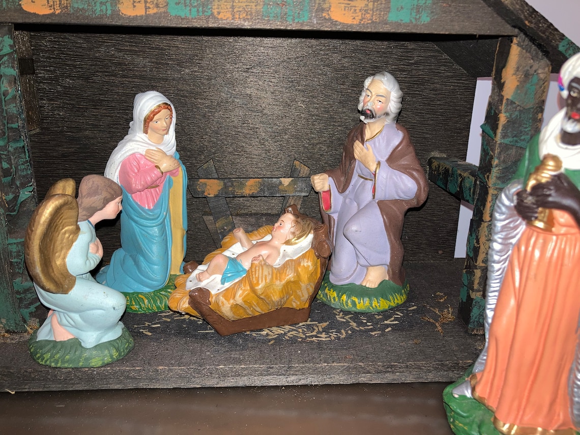 Vintage 12 Piece Nativity Set, Vintage Wooden Manger, Painted Nativity ...