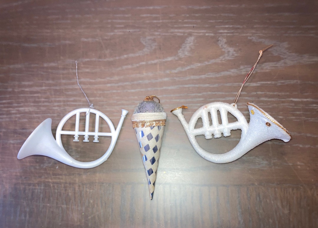 3 Vintage White Ornaments, 2 Plastic Horn Ornaments, Sugared Plastic ...