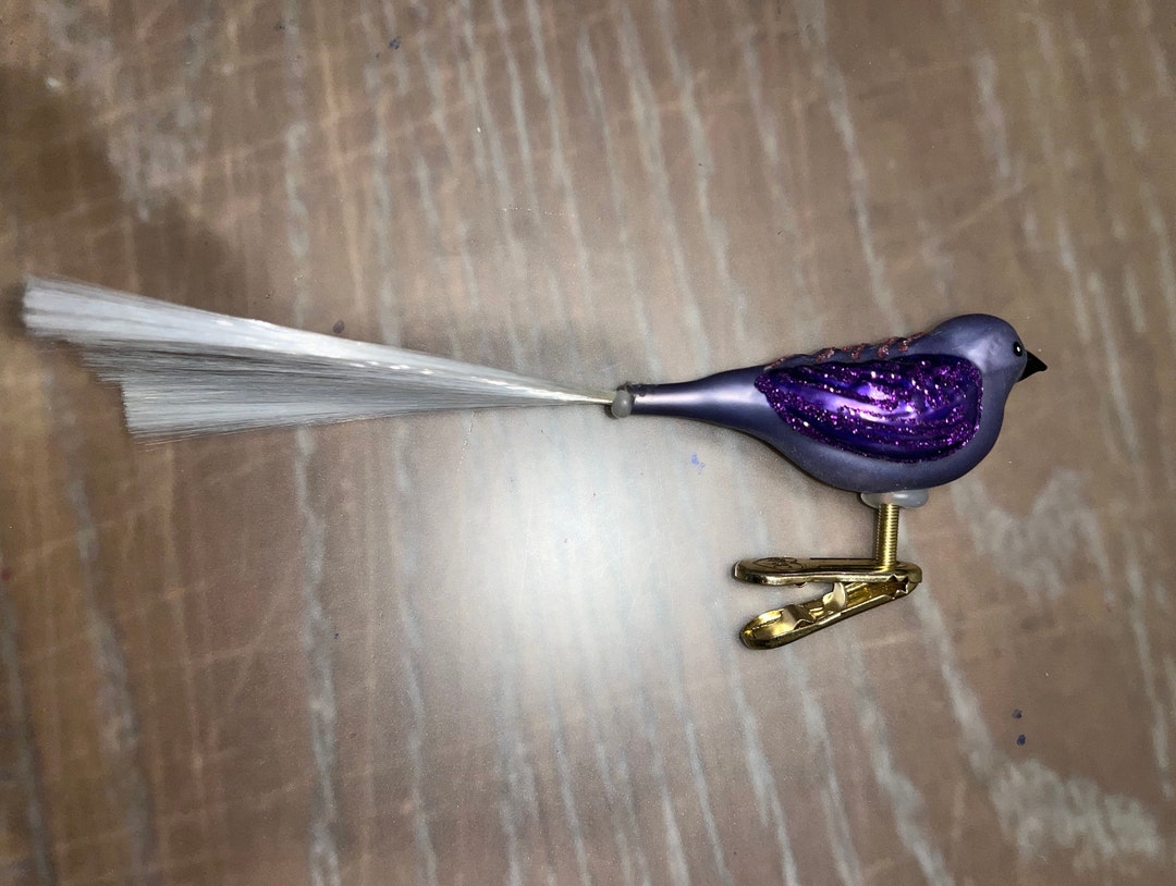 Vintage Clip on Bird Ornament, OWC Blown Glass Purple Glittered Bird ...