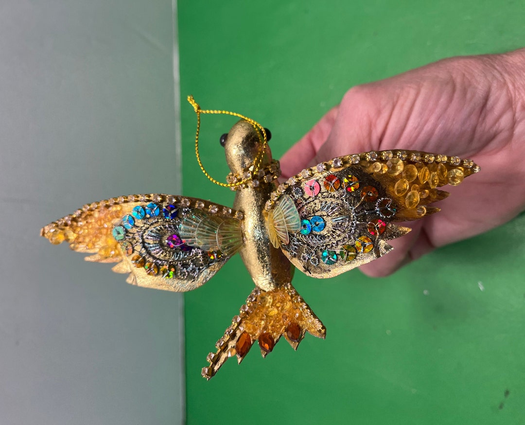 Vintage Clip on Bird Ornament, Metallic Gold Jeweled Bird, Sequin Gold ...