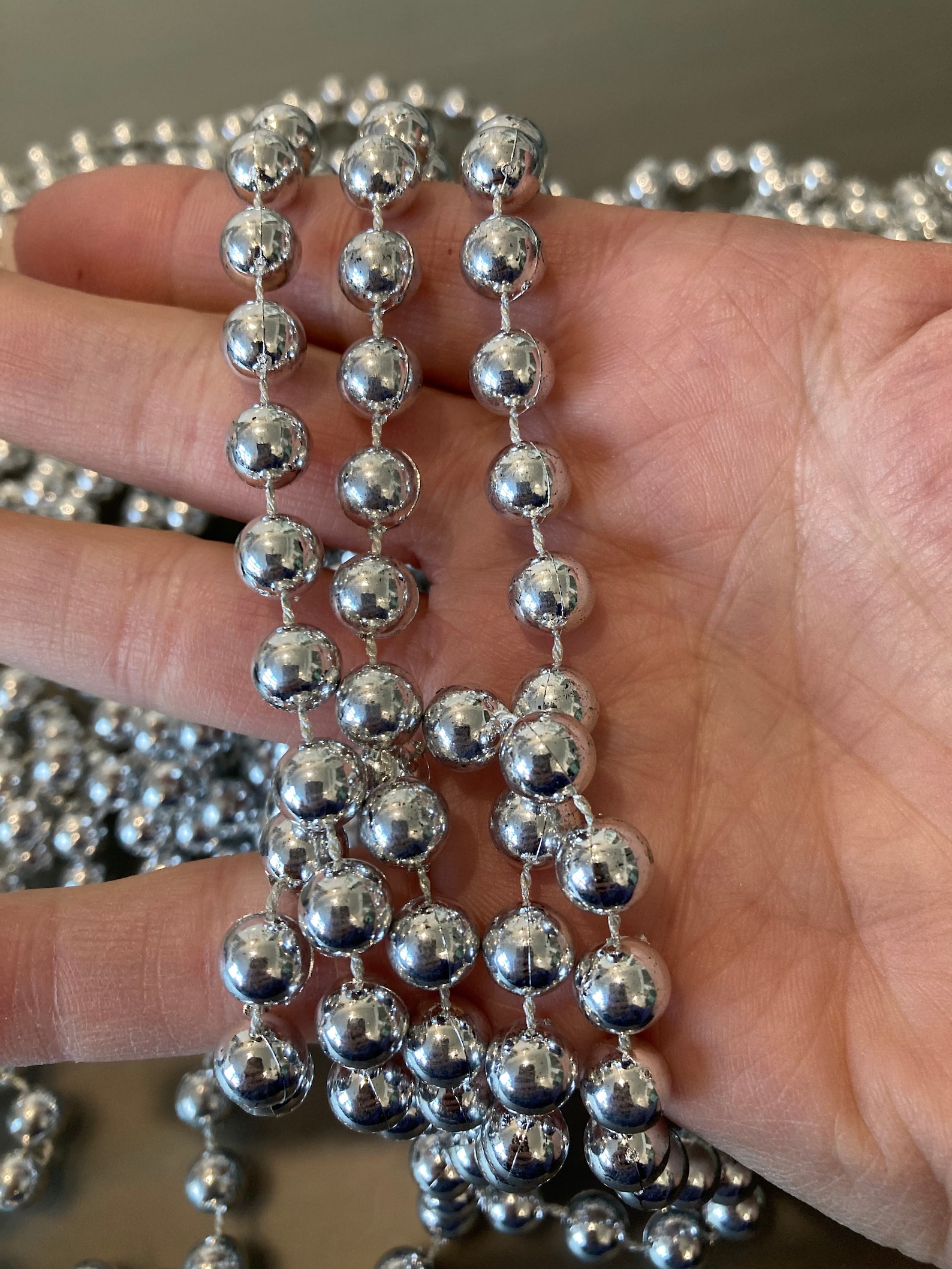 18' Vintage Silver Bead Garland, Silver Round Bead Garland, Christmas ...