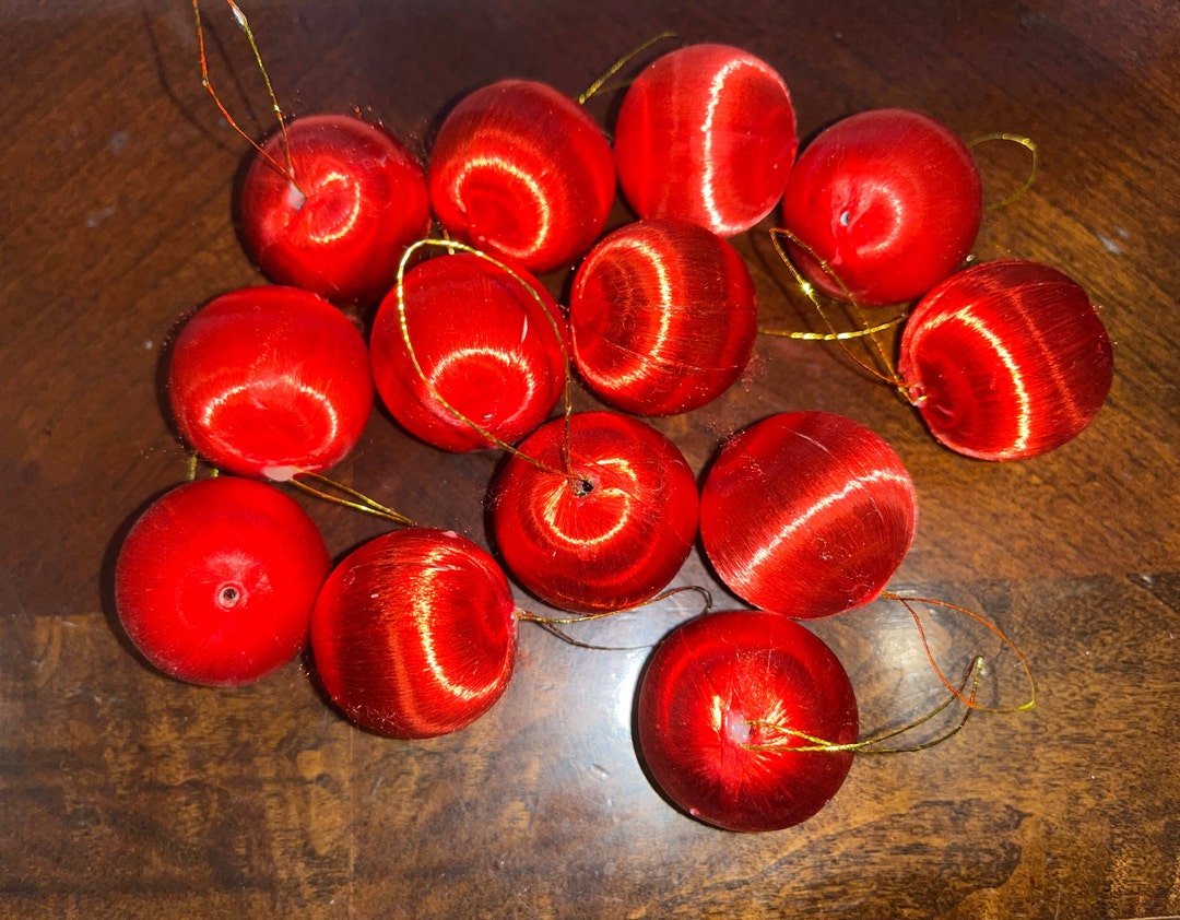 13 Vintage Satin Sheen Ornaments, Mini Red Ornaments, Silk String ...