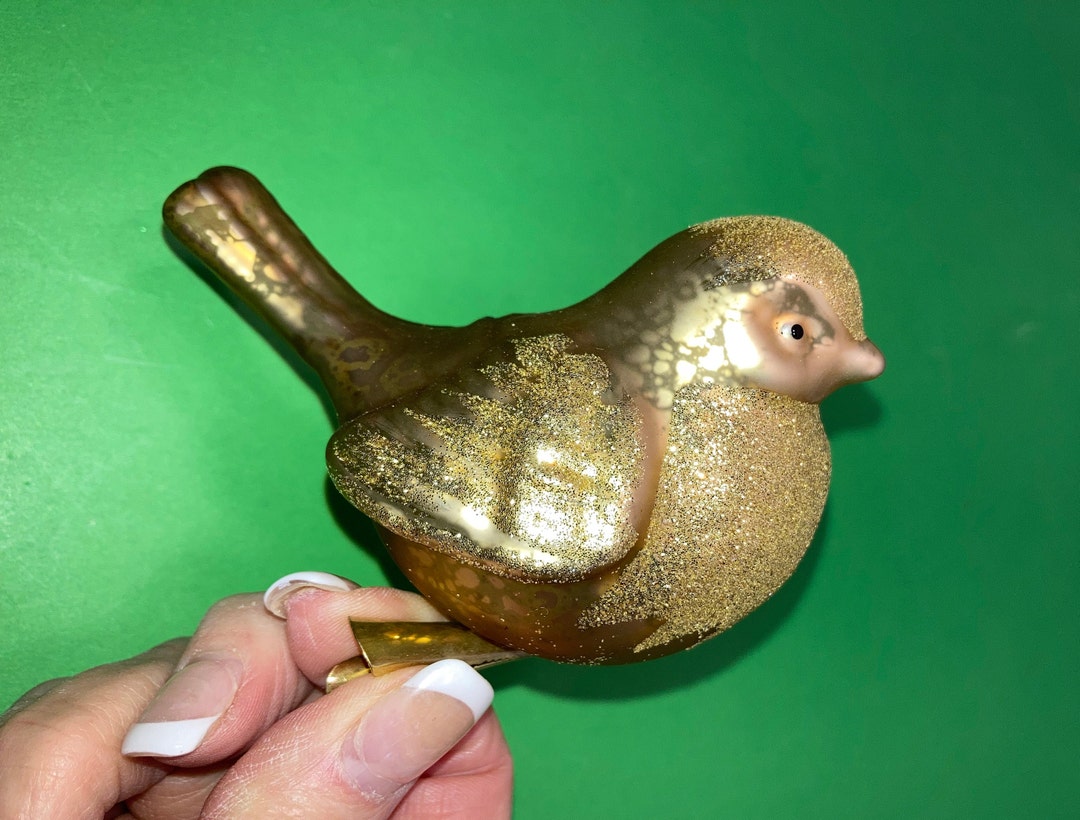 Vintage Pier 1 Clip on Bird Ornament, Blown Glass Bird Gold Glittered ...