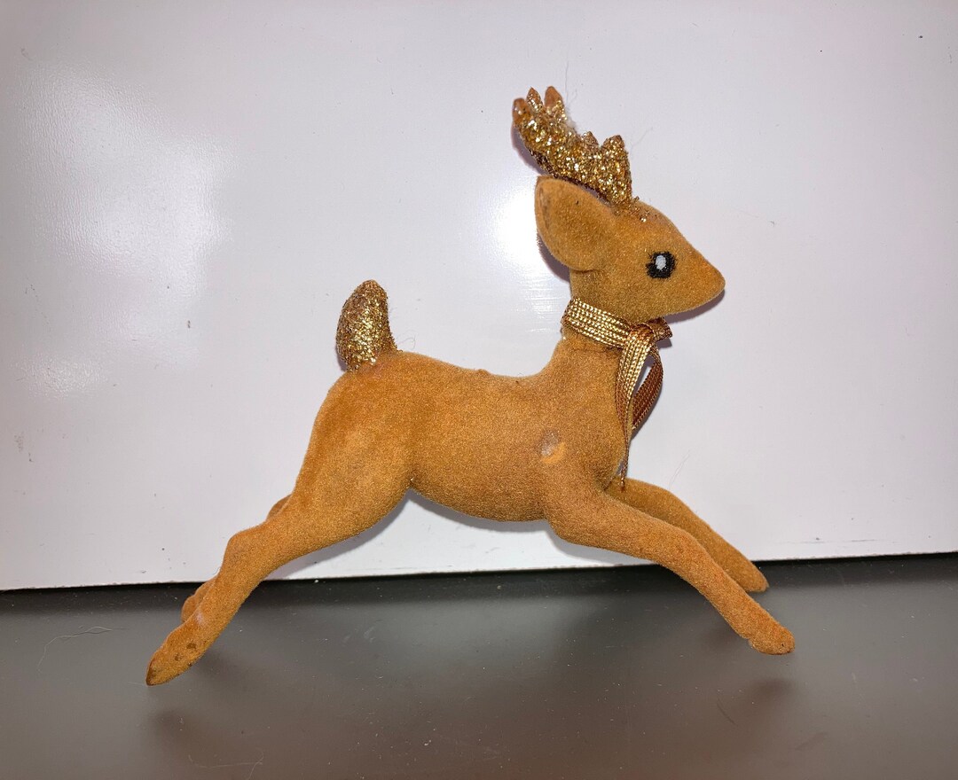 Mid Century Flocked Reindeer, 5" Brown Felt Deer With Glitter Trim ...