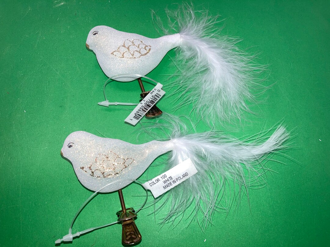 2 Poland Clip on Bird Ornament, White Iridescent Glitter Glass Bird ...