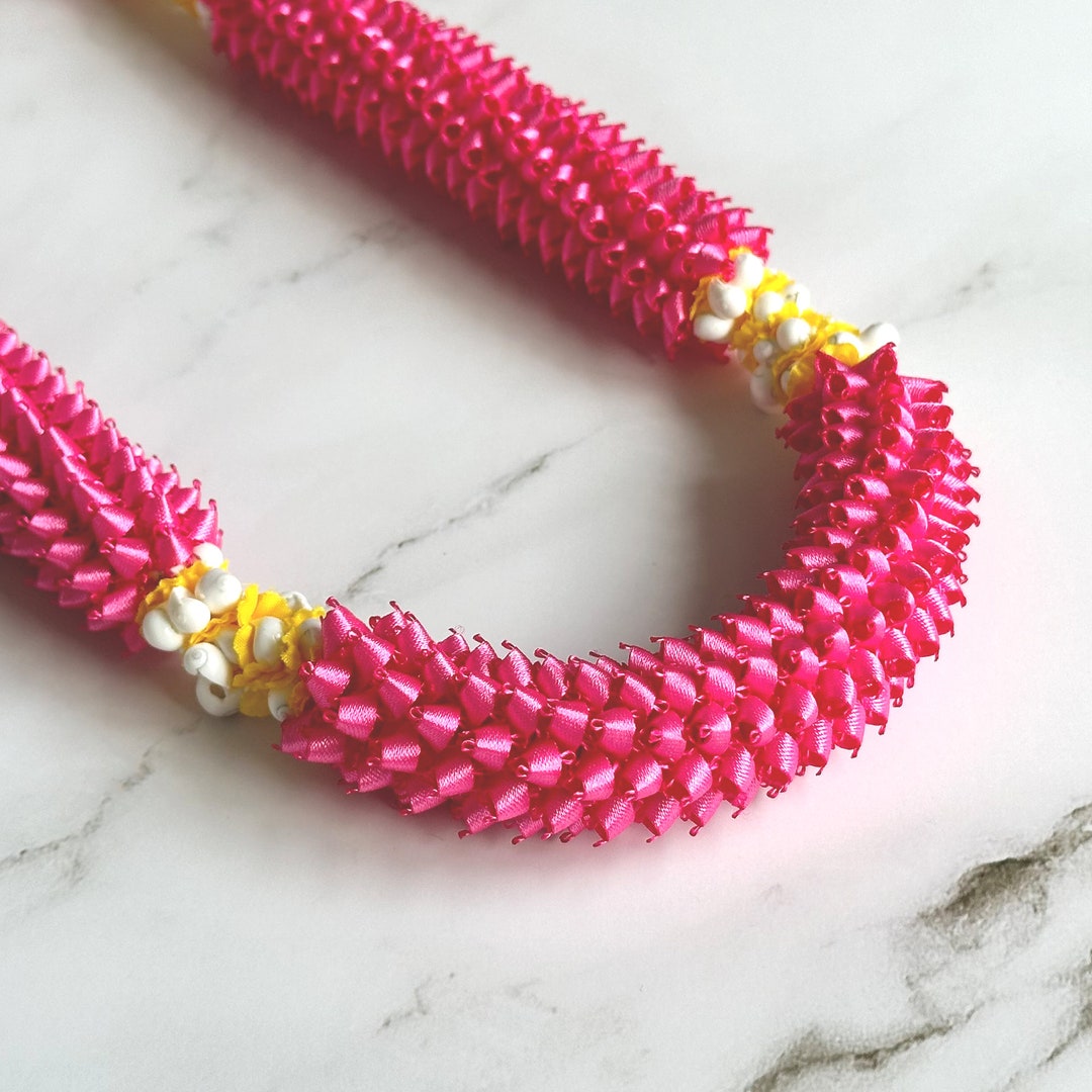 Ribbon Lei - Pikake Stich (hotpink) Flower With Mongo Shell - Hawaiian Craft, for Hula, for ...