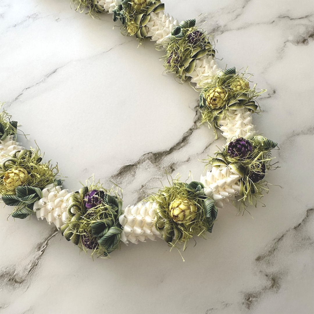 Ribbon Lei White Pikake With Bozu Flower Purple and Yellow Hawaiian Craft, for Hula, for Hawaii ...