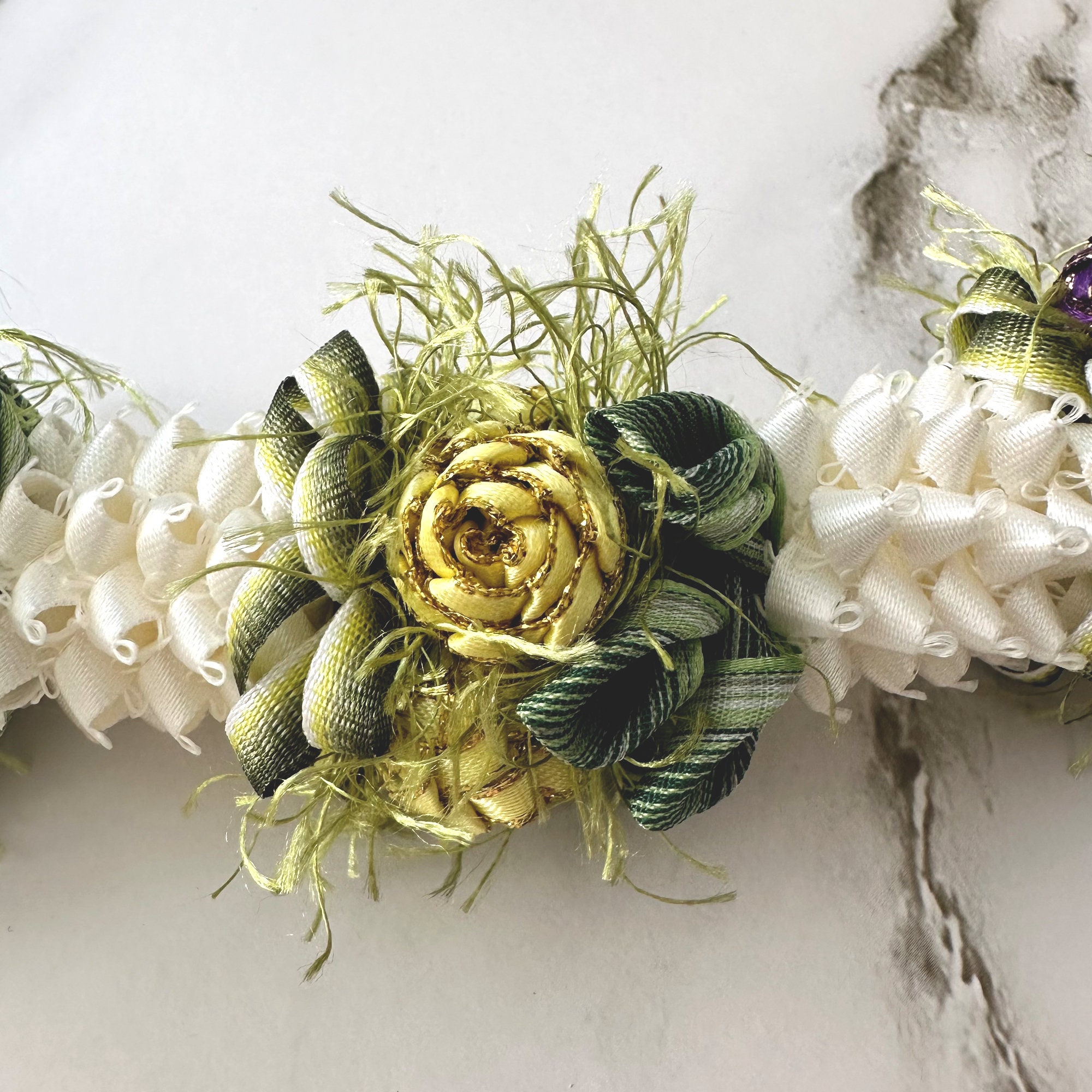 Ribbon Lei White Pikake With Bozu Flower Purple and Yellow Hawaiian Craft, for Hula, for Hawaii ...
