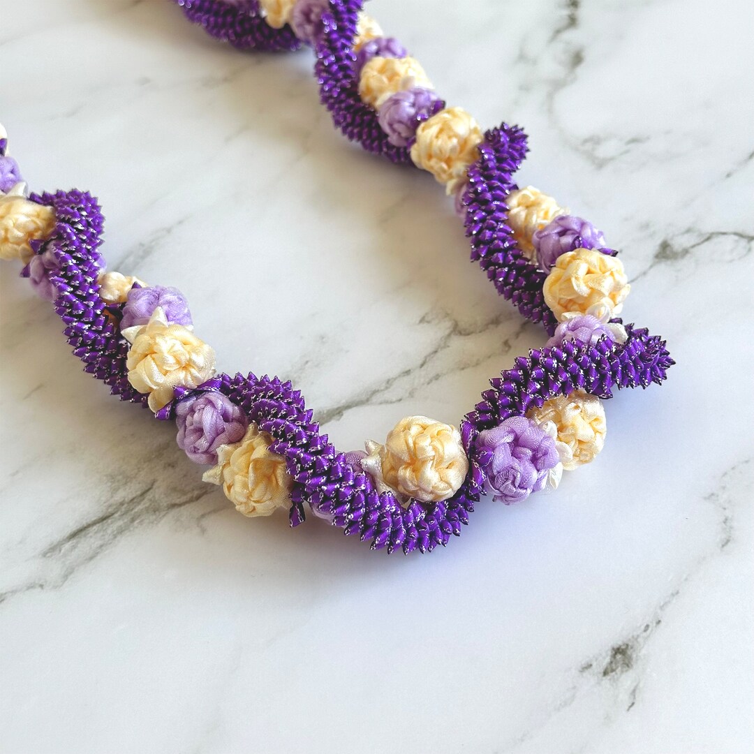 Ribbon Lei - Purple and Ivory Crown Flower With Small Flower - Hawaiian ...