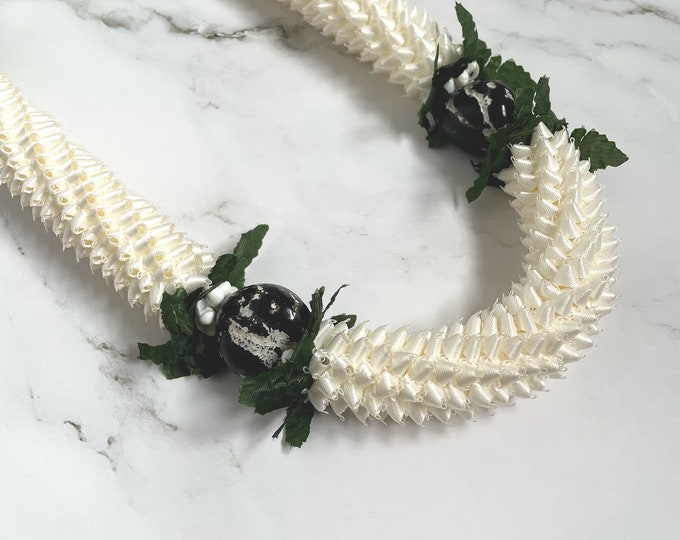 Ribbon Lei White Pikake With Kukui Nuts Hawaiian Craft, for Hula, for Hawaii Trip, for ...